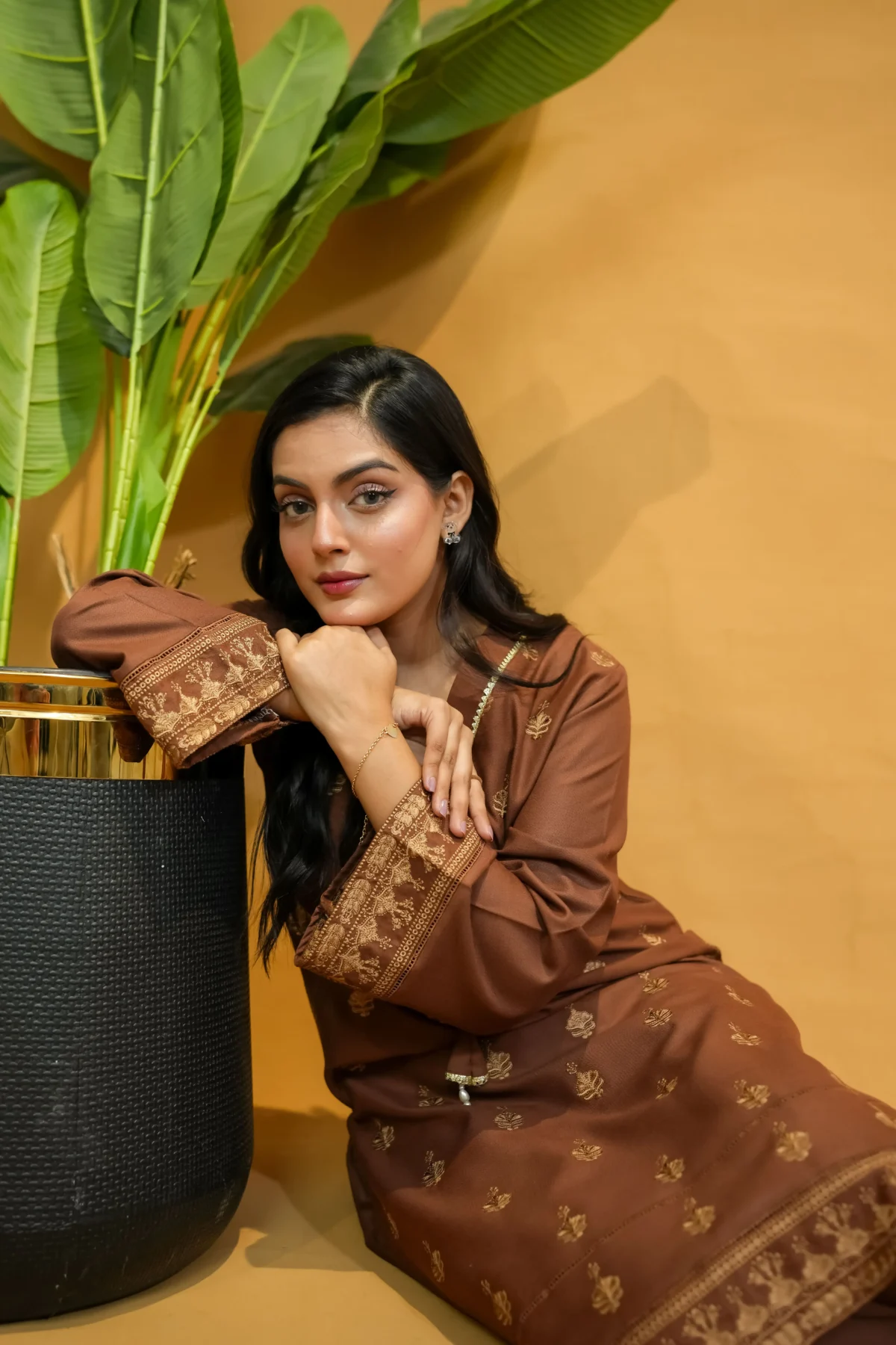 Brown Embroidered Dhanak 3-Piece Suit - Pretbee