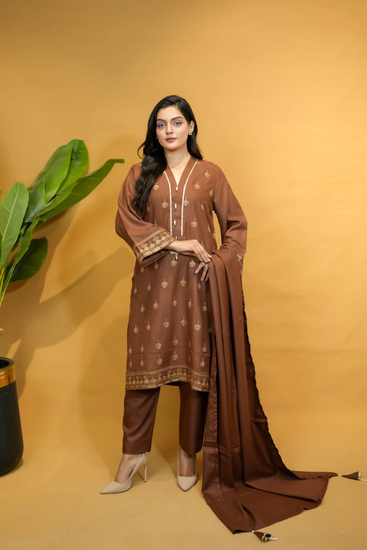 Brown Embroidered Dhanak 3-Piece Suit - Pretbee