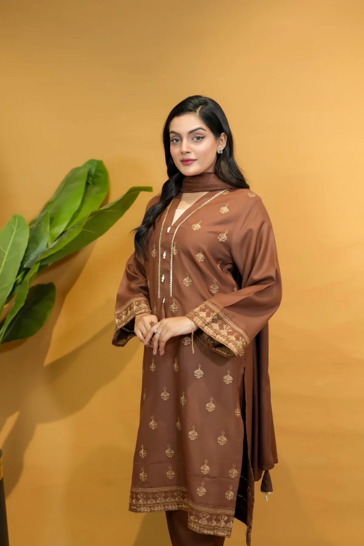 Brown Embroidered Dhanak 3-Piece Suit - Pretbee