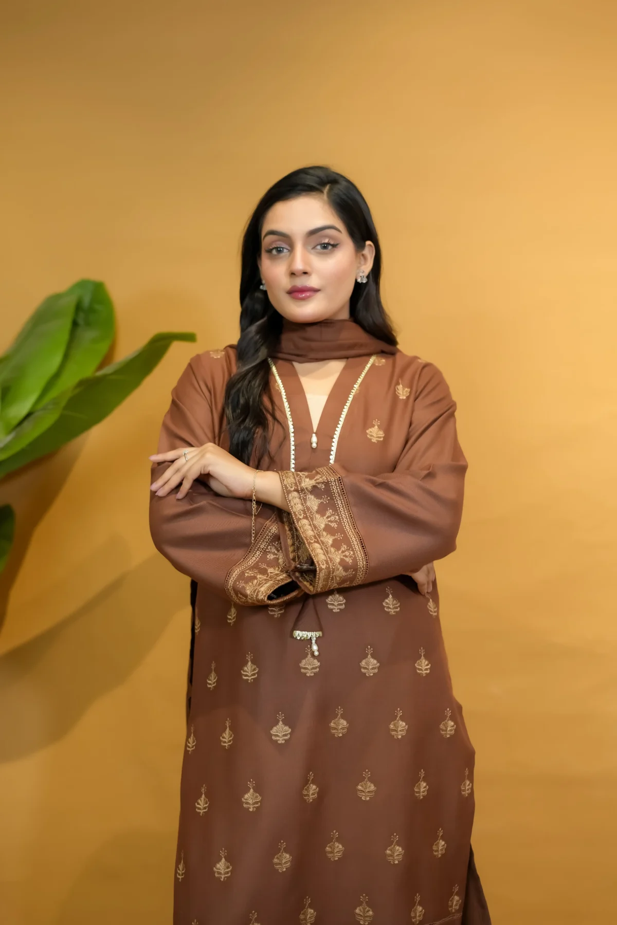 Brown Embroidered Dhanak 3-Piece Suit - Pretbee